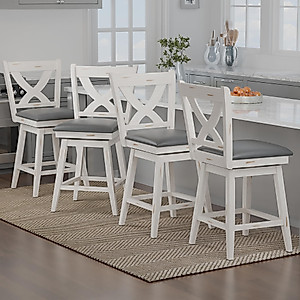MU Bar Stools Set of 4, 24" Seat Height Counter Height Swivel Barstools with X-Back, Upholstered 360 Degree Swivel Dining Chair with PVC Cushioned Seat, Footrest & Wood Legs, White