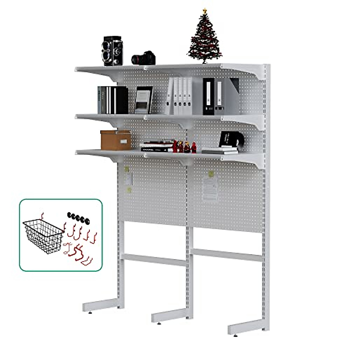 JWX Standing Shelf Unit, White Home Office Garage cabinets with Metal Pegboard and 15 Pieces Organizer Tool Holders