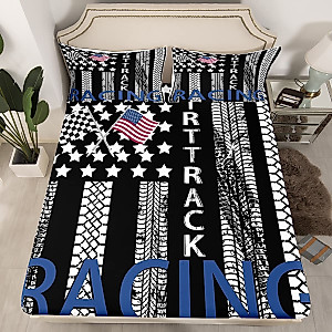 Erosebridal American Flag Sheet Set,Dirt Racing Track Bed Sheets Queen for Kids Boys Teens,Black White Grunge Star Stripe Bedding Set,Grunge Extreme Sports Fitted Sheet + Flat Sheet + 2 Pillowcases