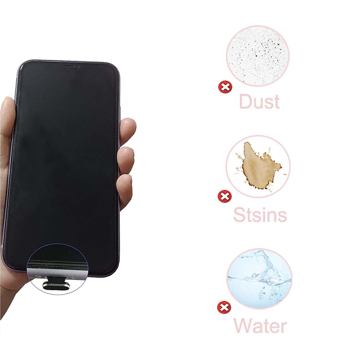 Medsuo 4pcs Black Anti Dust Plugs Protects Charging Dust Cover Compatible with iPhone 11, 12, Pro, Max/X/XS/XR, 7, 8 Plus, iPad Mini/Air