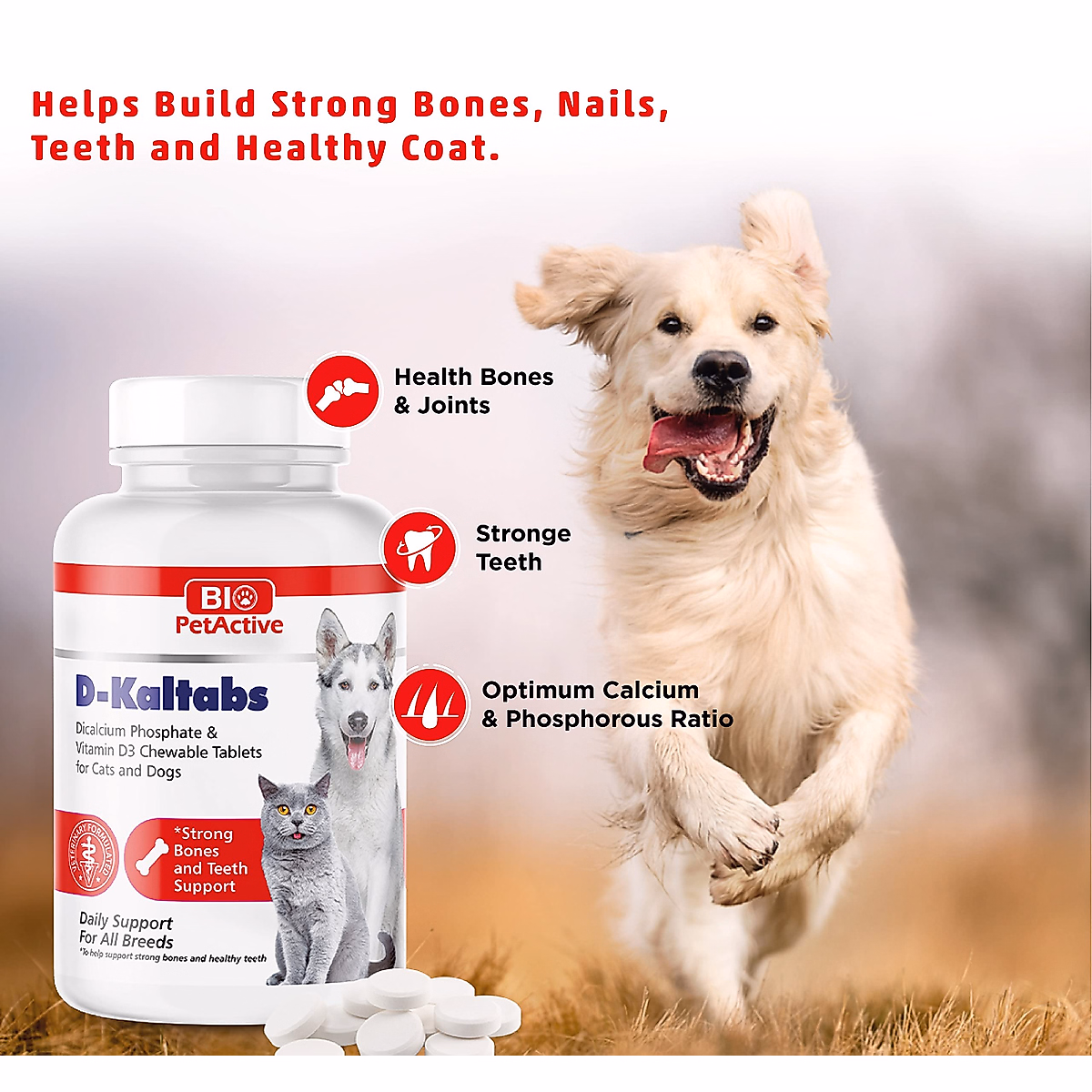 D-Kaltabs Phosphorus, Calcium Vitamin D3 Supplement for Dogs & Cats, Prenatal Pet Vitamins, Daily Pet-Tabs, Strong Nail, Teeth Support, 84 Chewable Tablets