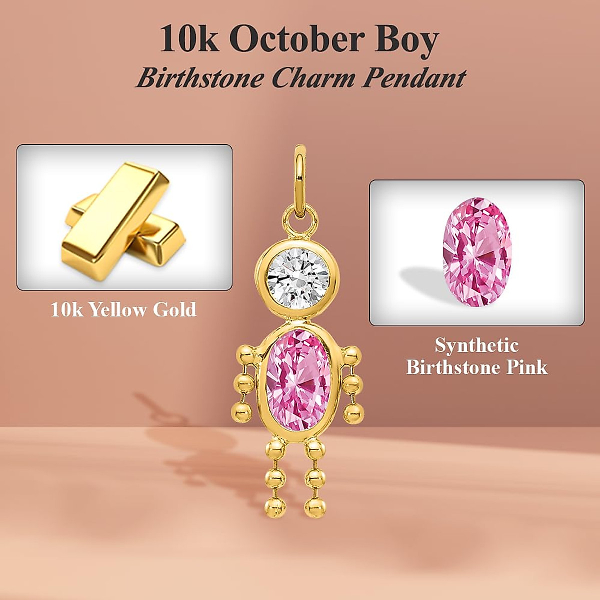 Auriga Fine Jewelry 10K Yellow Gold October Boy Birthstone Charm Pendant for Women (L- 0.79 Inch, W- 0.4 Inch)