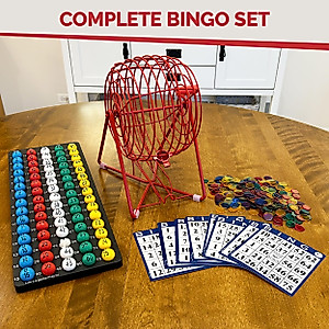 MR CHIPS 11" Tall Bingo Set with Steel Cage Professional Game Everlasting 7/8” Balls, 18 Cards and 300 Chips - Lucky Red Color