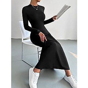 Verdusa Women's Casual Long Sleeve Round Neck Solid A Line Long Maxi Dress Black XS