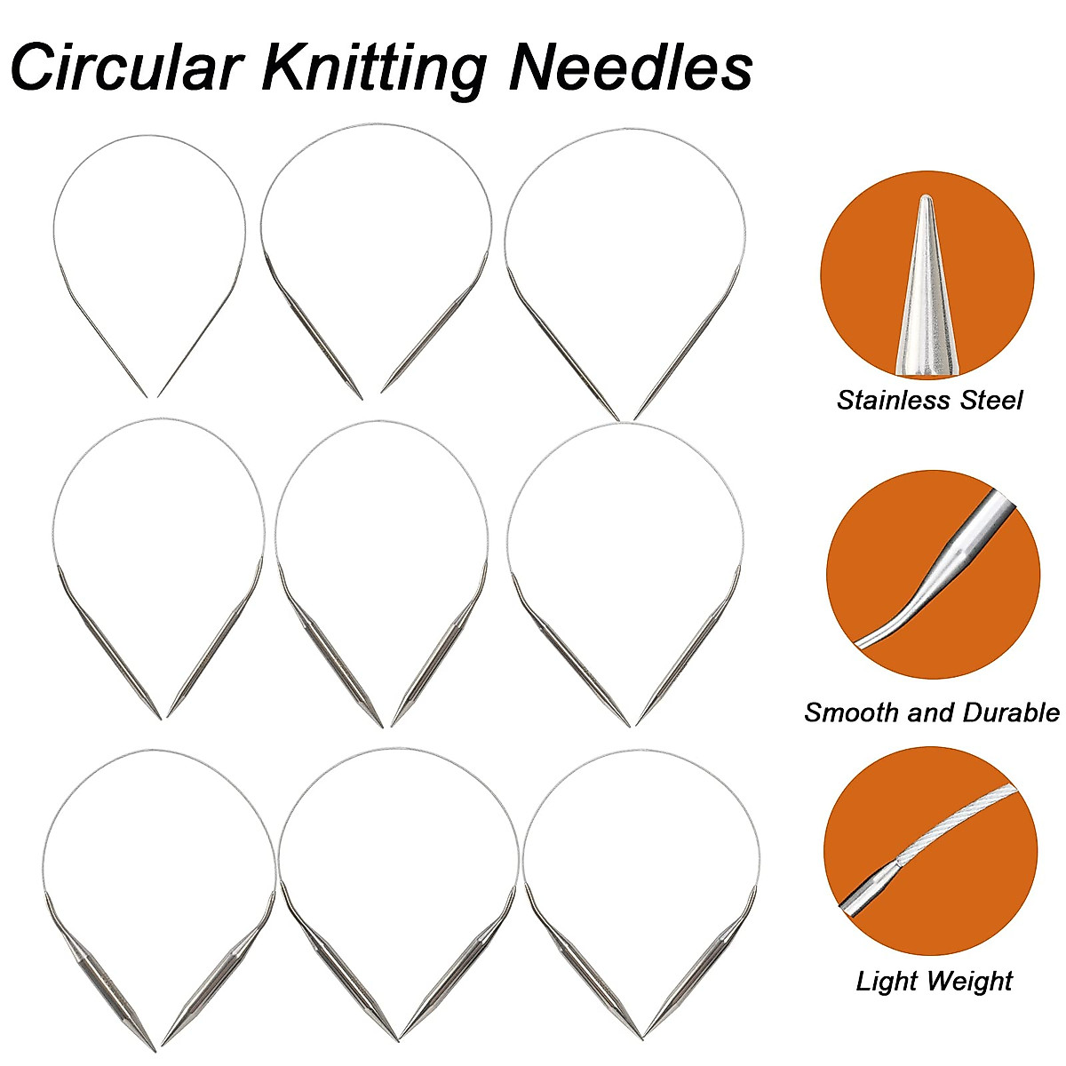 9 Pieces Size Marked US 0-15 Circular Knitting Needles Stainless Steel Knitting Needles Set for Beginner (16 Inch)