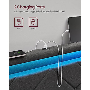 VASAGLE LED Bed Frame Twin Size with Headboard and 4 Drawers, 1 USB Port and 1 Type C Port, Adjustable Upholstered Headboard, No Box Spring Needed, Dark Grey URMB823G71