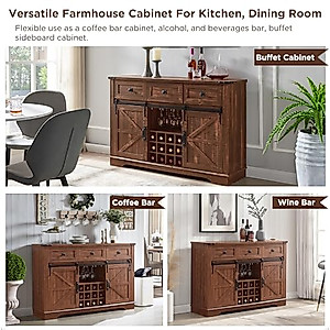 OKD Farmhouse Buffet Cabinet with Storage, 54" Sideboard w/ 3 Drawers, Sliding Barn Door, Wine and Glass Rack, Storage Shelves, Liquor Coffee Bar Cupboard for Kitchen, Dining Room, Reclaimed Barnwood