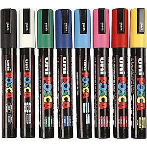 Uni-Ball POSCA PC-5M [8 Pen Set] includes 1 of each - Black, White, Pink, Red, Yellow, Green, Blue and Light Blue
