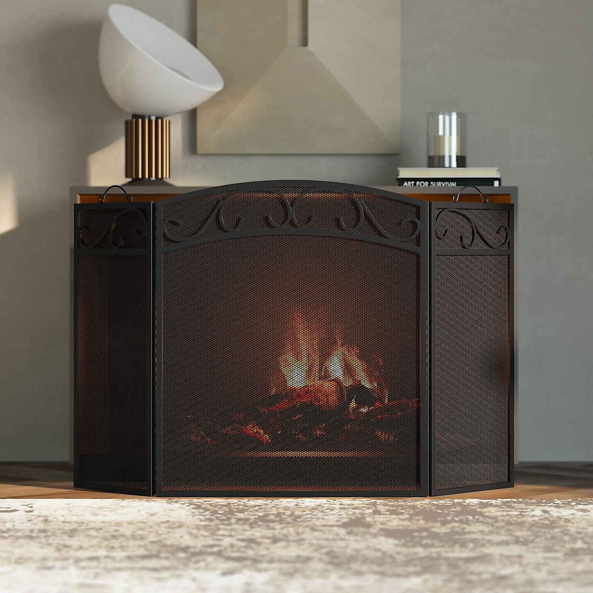 Fire Beauty Fireplace Screen 3 Panel with Handles Wrought Iron 51"(L) x31(H) Spark Guard Cover(Black)