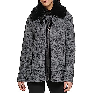 Kenneth Cole Women's Faux Trim Jacket, Fur Collar Charcoal, X-Small