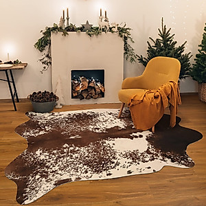 Chicrug Exquisite Faux Fur Cowhide Rug, 4.6 x 5.2 Feet Cow Hide Western Room Decor Rug for Living Room Bedroom, Non Slip Cute Cow Animal Print Floor Carpet for Kids Family, White and Brown
