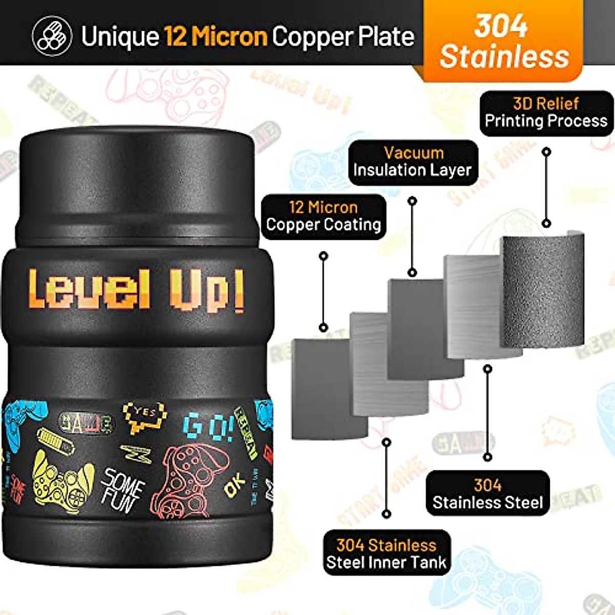 Charcy 17 Ounce Kids Thermos for Hot Food - Soup Thermos with Folding Spoon - Insulated Food Jar for Hot & Cold Food - Black