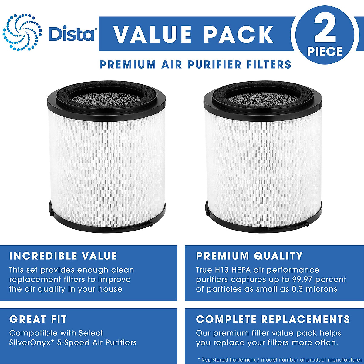 Dista Filter - Premium H13 True HEPA Replacement Filter, Compatible with SilverOnyx 5-Speed Air Purifier KJ150F-C02, 4-in-1 H13 Grade True HEPA filter, For Large Room 500 sq ft 2-Pack