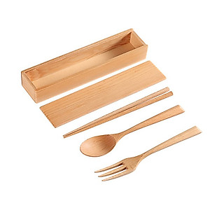 Sanrich Wood Cutlery Set Chopsticks Spoon Fork Kit with Case School Office Lunch Reusable Tableware Camping Flatware Dinnerware Travel Utensils
