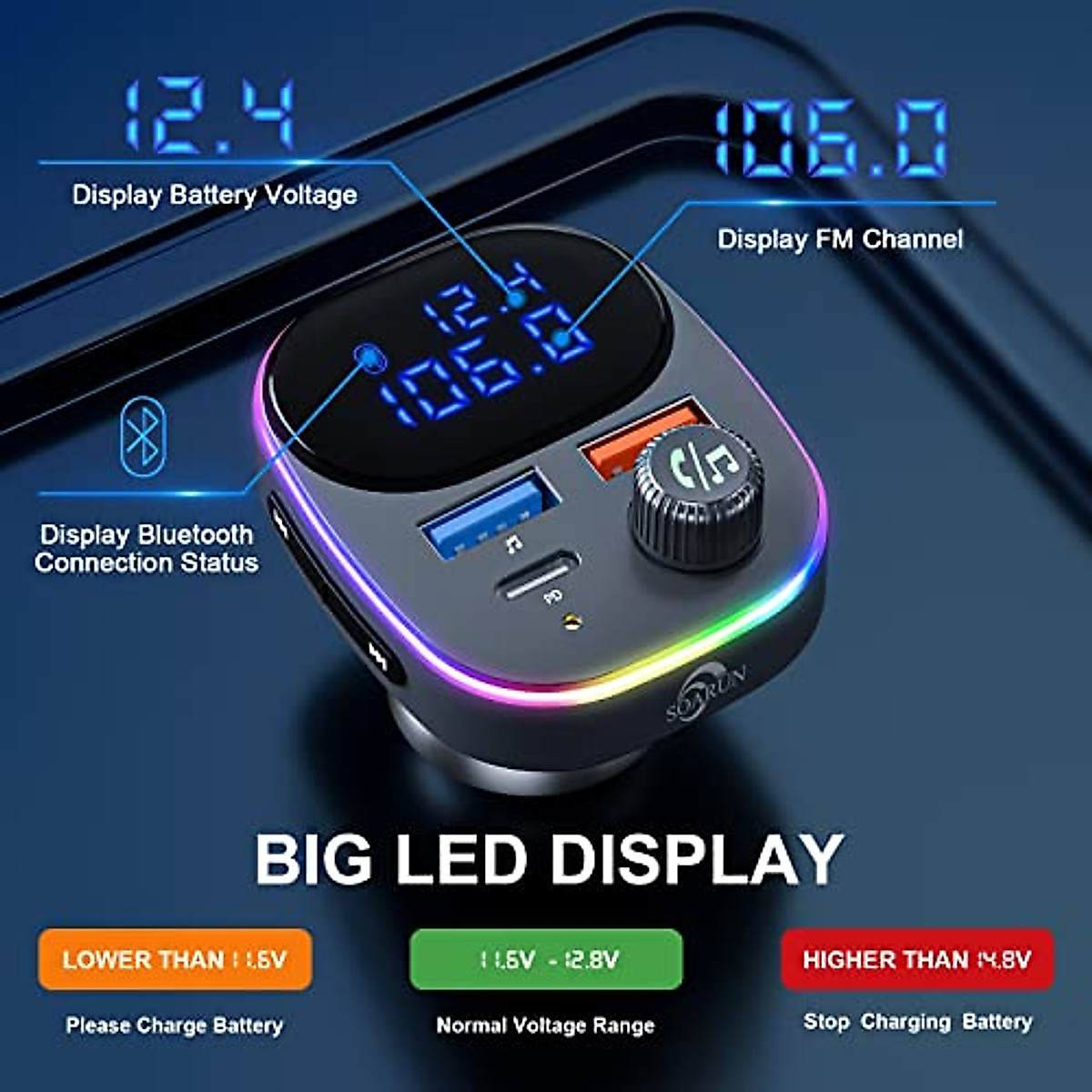 Bluetooth 5.3 FM Transmitter for Car Radio [2023 New], SOARUN Bluetooth Car Adapter [PD 20W+QC 3.0] [Large LCD Screen], Supports Handsfree Call Siri Google Assistant U Disk, 7 Color LED Backlit