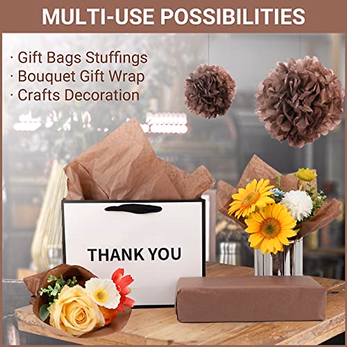 Segarty Brown Tissue Paper for Packaging, 100 Sheets 14 x 20 Inches Bulk Tissues Paper for Gift Bags Wrapping, Packing, Easter, Mothers Day, Holiday Decorations, Tissue Paper for Crafts, DIY Pom Pom