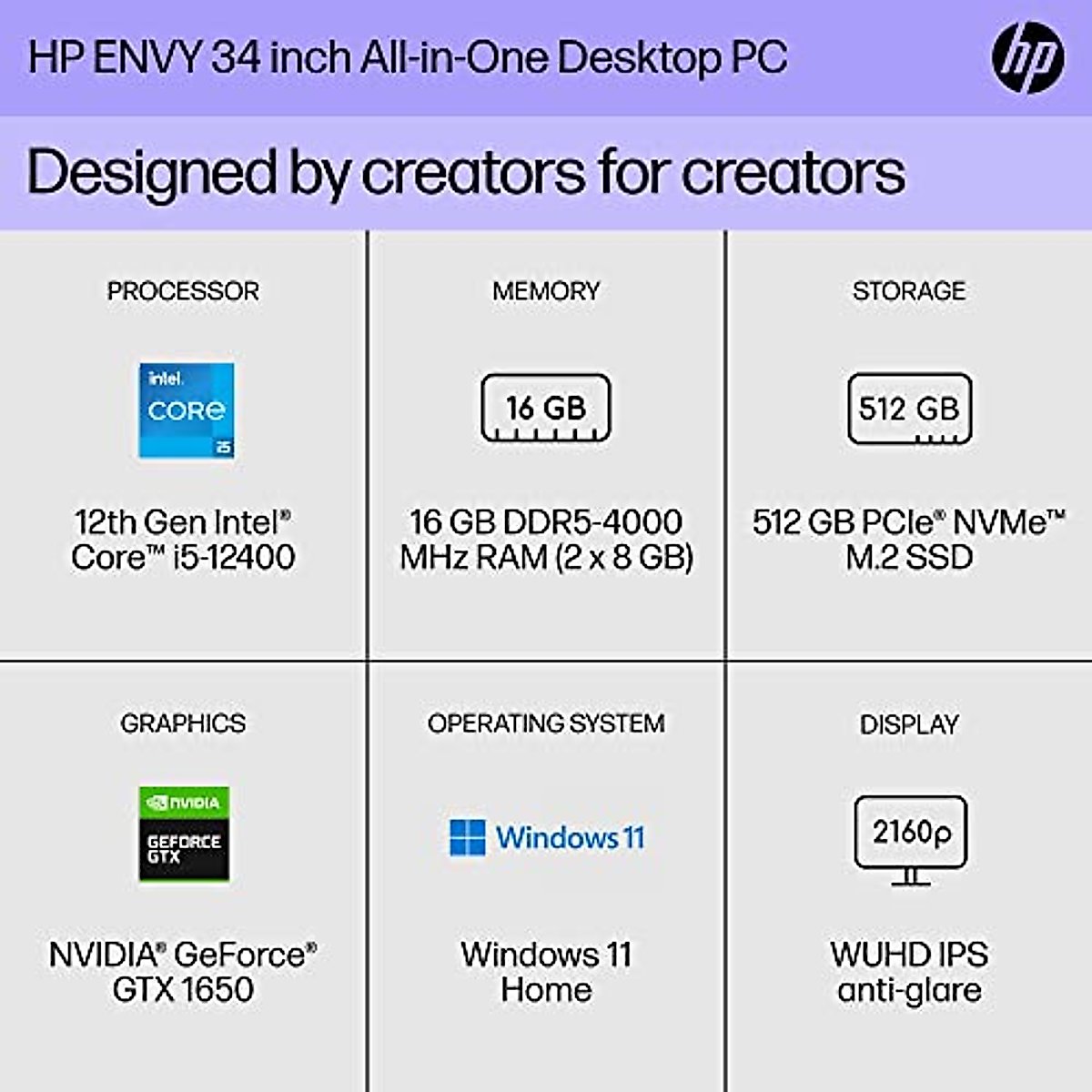 HP Envy 34” All-in-One Desktop, NVIDIA GeForce GTX 1650, 11th Gen Intel Core i7-11700 Processor, 32 GB RAM, 512 GB SSD, WUHD IPS Display, Windows 11 Home, Detachable Magnetic Camera (34-c0010, 2021)
