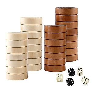 Amerous Thread Wooden Checkers Pieces Nature Wood Backgammon Pieces with Drawstring Bag, 5 Dices Included