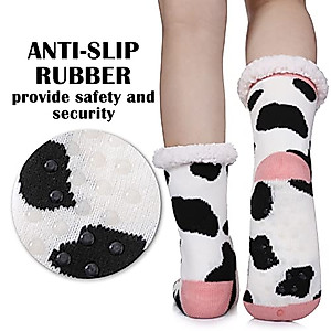 TRUEHAN Slipper Socks for Womens with Grippers Non Slip Winter Warm Fuzzy Fluffy Home Socks (White Cow)