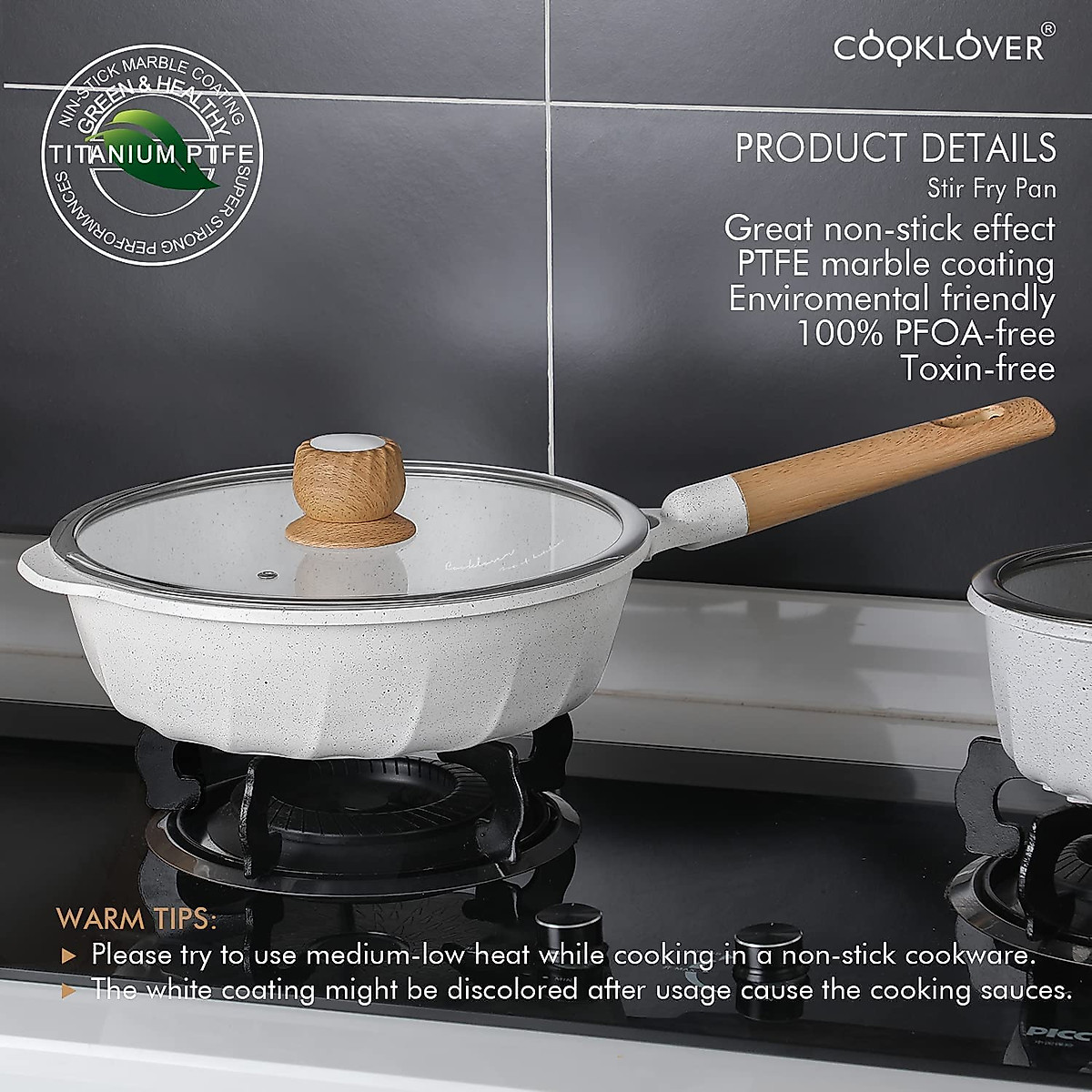 COOKLOVER Nonstick Frying Pan Induction Sauté Pan with Lid Pack-2-9.5 inch&11 inch- White