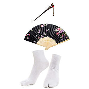 Japanese Anime Women's Dance Kimono Robe Fancy Dress Yukata Silk Folding Fans Tabi Hairstick Socks Set Black Large