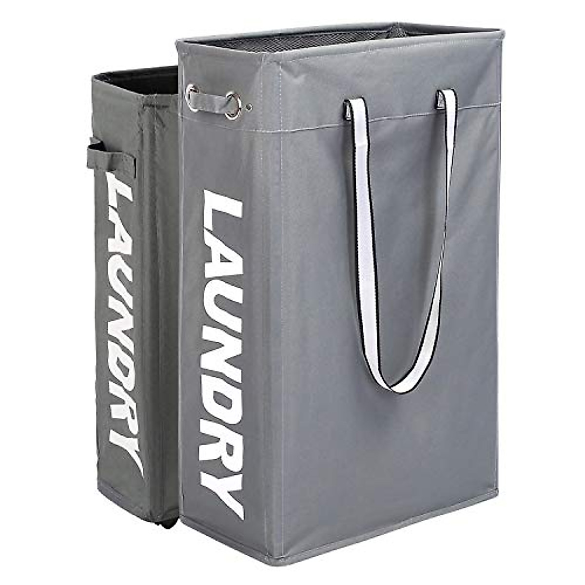 Cloth Clothes Basket, Caroeas 24" Handy Hanging Laundry Basket Tall & Slim Hamper Waterproof Laundry Bag Collapsible Travel Laundry Bag with Breathable Mesh Cover & Soft Handle Laundry Hamper (Grey1)