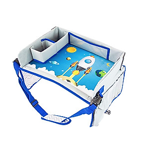 Thr33E Car Seat Kids Travel Tray - Travel Lap Desk Active Accessory for Child’s - Kids Tablet iPad Holder Stand Art Storage Pockets (Blue)