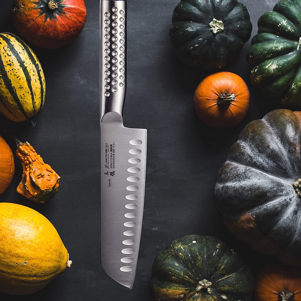 Santoku Knife - MATTSTONE HILL 7" Hollow Edge Asian Knife, Chef Knife, Kitchen Knife, Vegetable Knife, German Steel, 304 Stainless Steel Handle