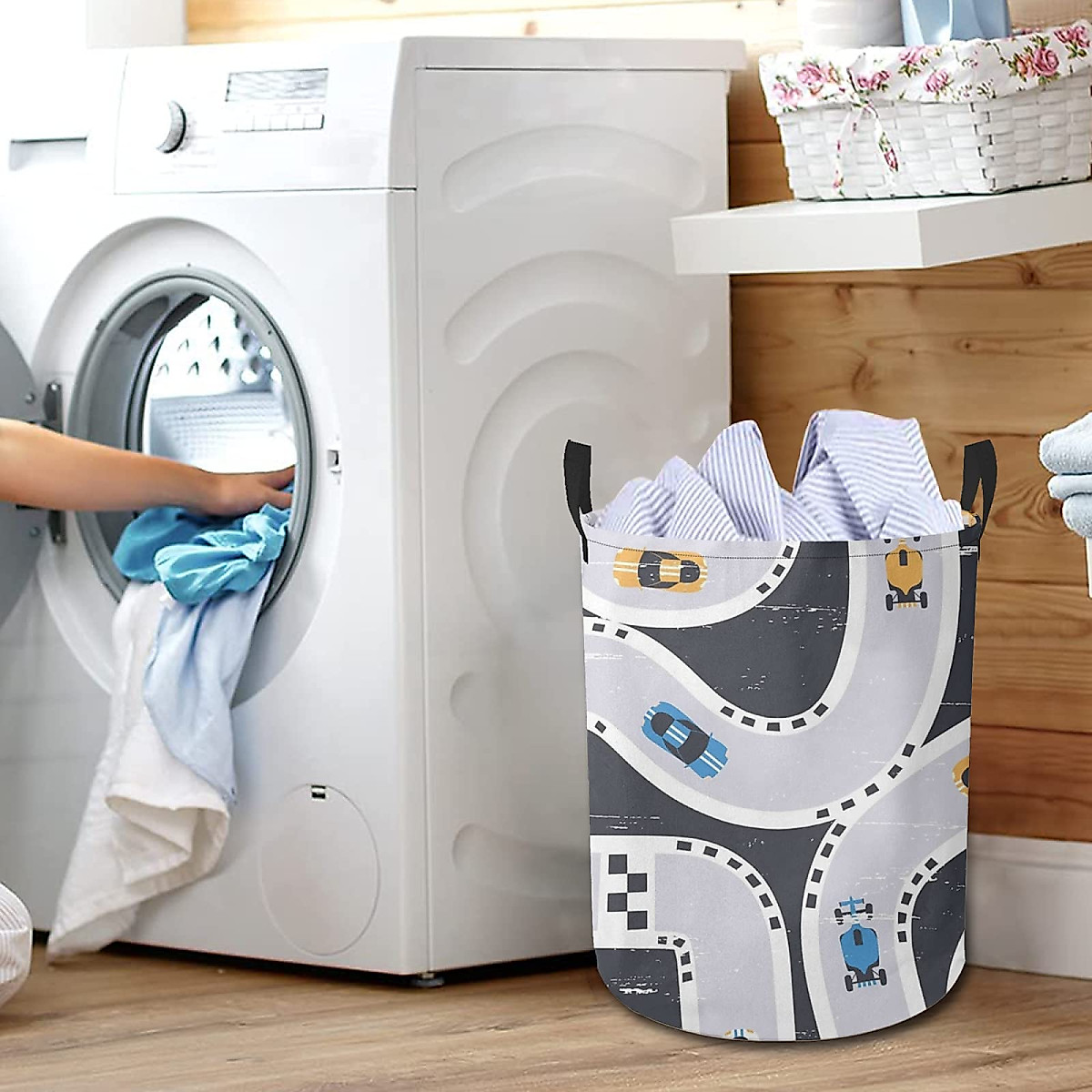 Storage Basket,Blue Race Racing Cars Yellow Boy Children Baby,Collapsible Large Laundry Hamper with Handles for Home Office 17.32"X13.58"