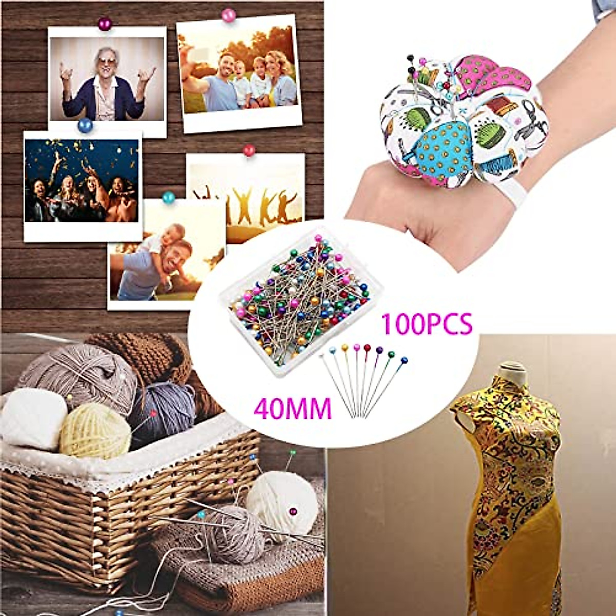 104PCS Pin Cushion for Sewing Kit Wrist Pin Cushion Pumpkin Pad with Elastic Wrist Belt 100 Straight Sewing Pins Wood Base Magnetic Needle Pin pad 60’‘ Pocket Measuring Sewing Products for DIY