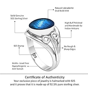 JEWELOPORIUM 925 Sterling Silver Ring for Women Gray Real Labradorite Stone Statement Silver Ring Size 6.5 Wedding Gift Fashion Jewelry