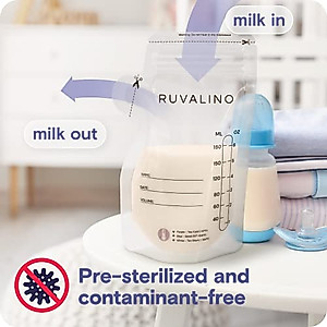 Breastmilk Storage Bag, RUVALINO Breastfeeding Essentials Breast Milk Storage Bags for Freezer, 150 Count, Temp-Sense Spot, Easy Pour Spout, Hygienically Double-Sealed, Self Standing&Lay Flat, 6 Oz