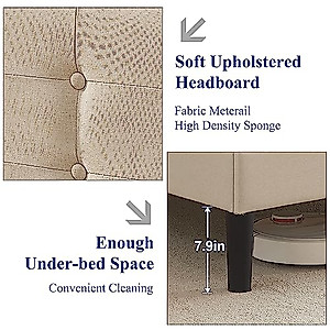 VECELO Twin Size Upholstered Bed Frame with Height Adjustable Fabric Headboard, Heavy-Duty Platform Bedframe/Mattress Foundation/Strong Wood Slat Support/No Box Spring Needed, Beige