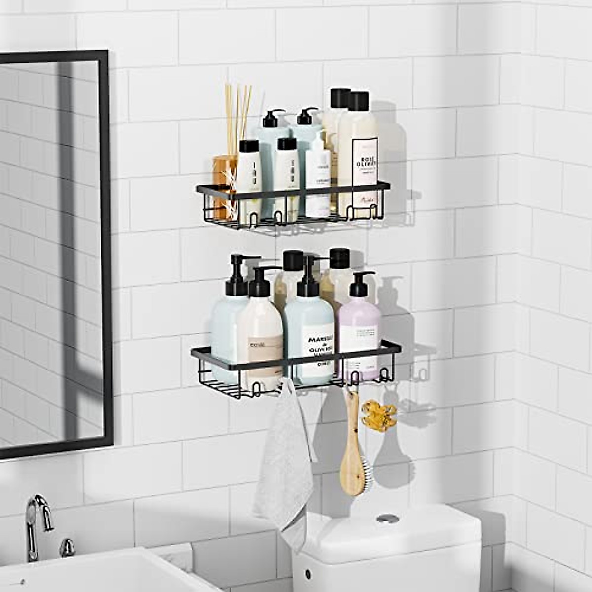 Tivisir Shower Caddy 4-Pack,Bathroom Storage Rack with Hook,Adhesive Shower Organizer ＆Drilling, Shower Organizer with Toothbrush Holder with Soap Rack,Rustproof Stainless Steel Shower Shelf (Black)