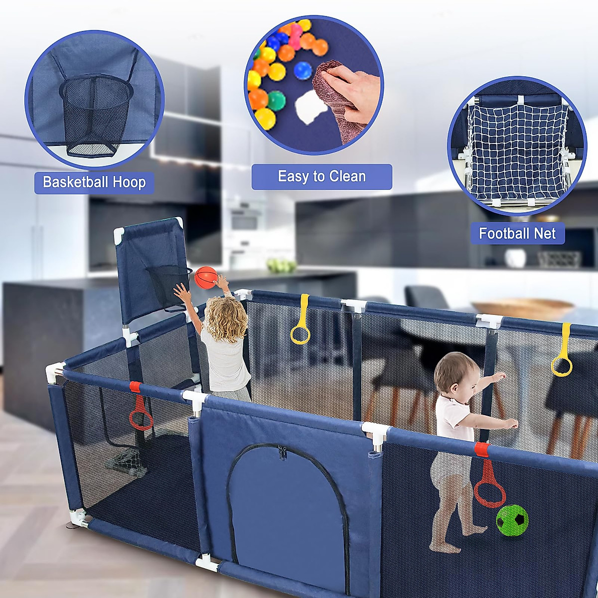 Baby Playpen, Baby Ball Pit with Gate, Safe No Gaps Kids Play Pen Activity Center Play Area w/Breathable Mesh, Non-Slip Suckers, Dark Blue(No Ocean Balls)