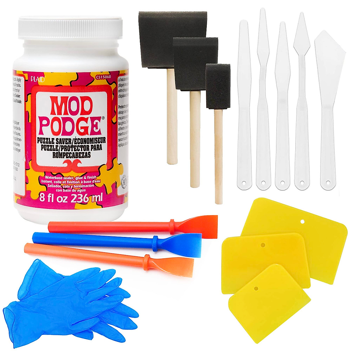 Mod Podge Puzzle Saver Glue Kit, Adhesive Brushes for Jigsaw Puzzles, Boards, Mats, Pixiss Accessory Kit with Glue Spreaders, Gloves, Brushes, Palette Knife Set