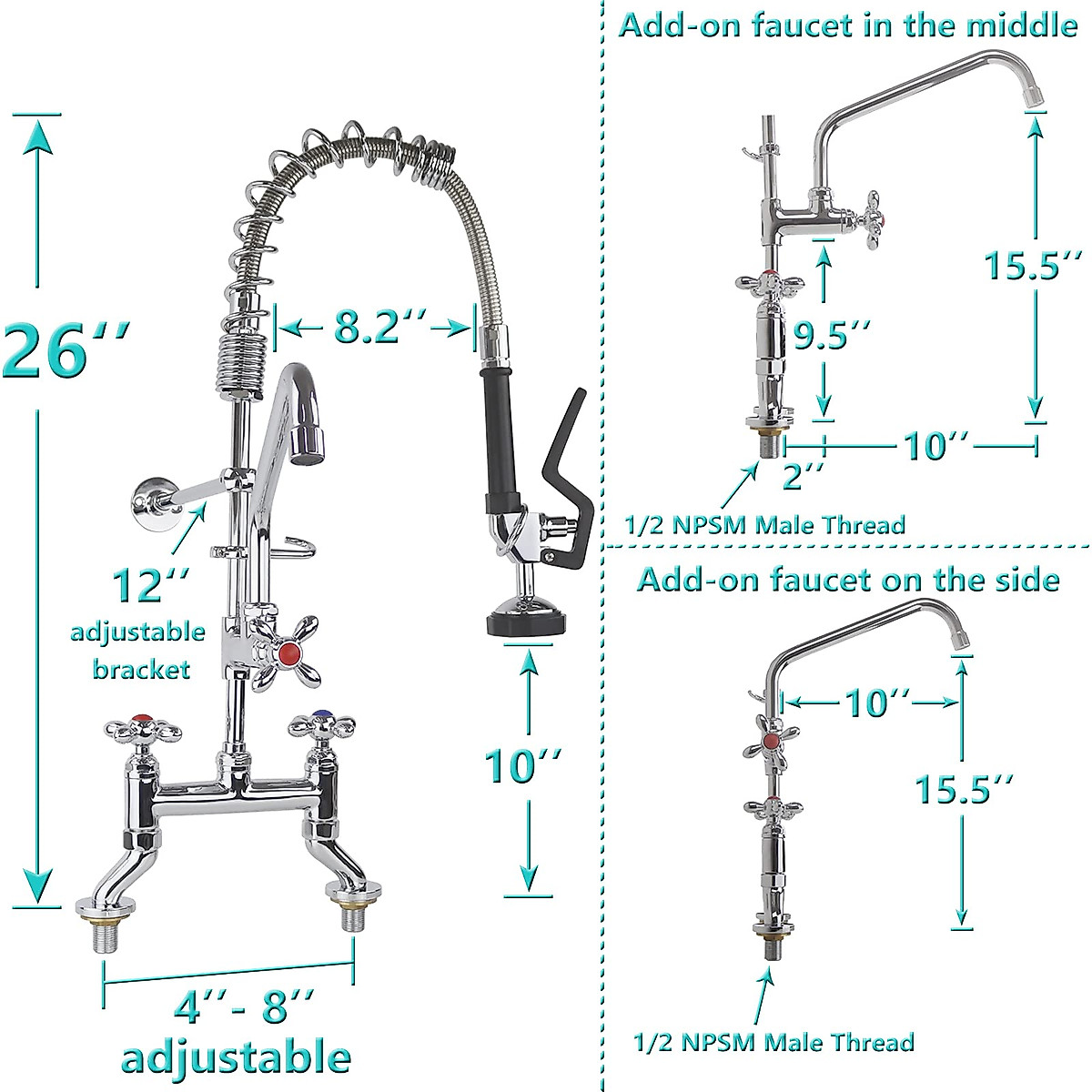 YooGyy Commercial Sink Pre-Rinse Sprayer 4-8 Inch Center Deck Mount 26’’ Height Kitchen Faucet, Dual Hole Dual Handles with High Pressure Pull Down Spray Valve and 10’’ Add on Spout