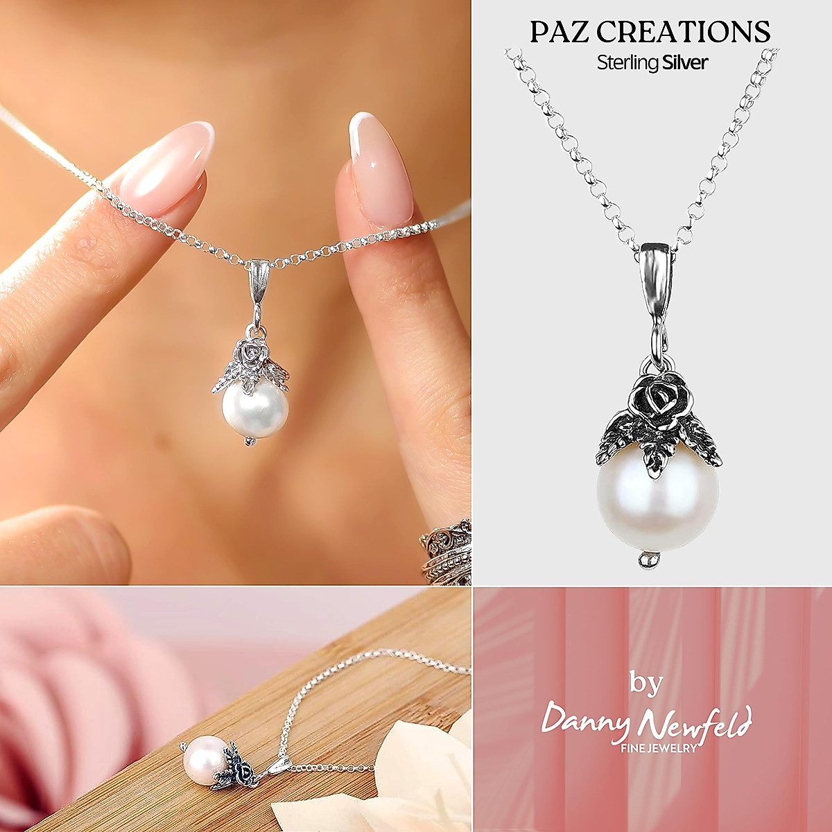 Paz Creations 925 Sterling Silver Pearl Pendant Necklace with Round Ball-Shape White Freshwater Pearl and Handcrafted Floral Cap - Natural Elegant Jewelry