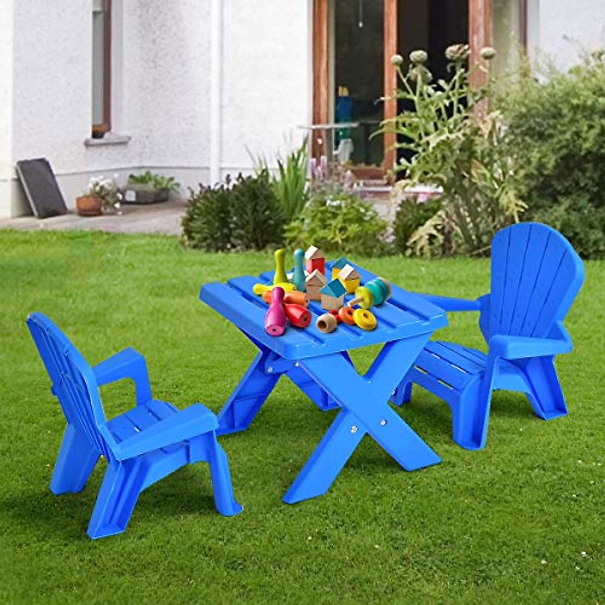 Costzon Kids Table and Chair Set, Toddler Activity Table and Adirondack Chairs for Picnic, Garden, Patio, Backyard & Beach, Outdoor & Chairs (Blue)