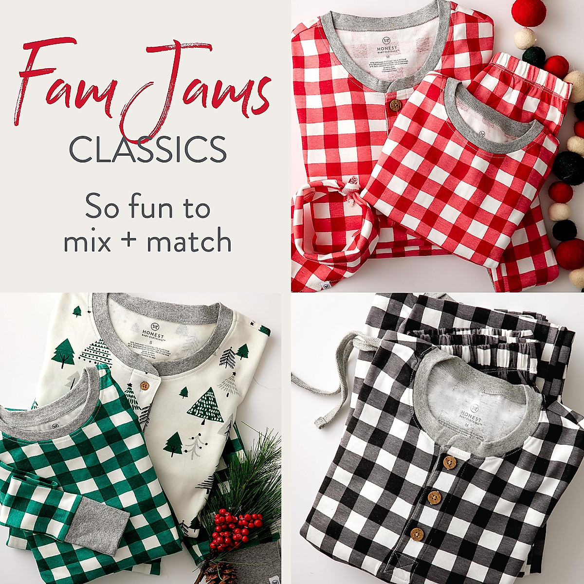 HonestBaby Family Matching Holiday Pajamas Organic Cotton for Men, Kids, Toddlers, Baby Boys, Girls, Unisex Pets, Emerald Painted Buffalo, Women's Medium