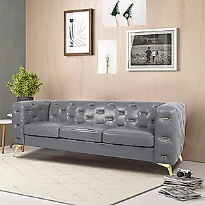 QHITTY Chesterfield Sofa, 84'' Modern 3 Seater Accent Leather Couch with Square Arms and Metal Tufted Button, Metal Legs for Living Room, Office, Bedroom (Grey)…