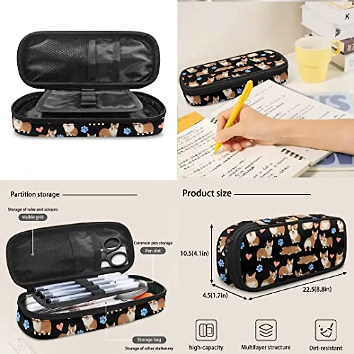 PZZ BEACH Cute Corgi Kids School Backpack Set Thermal Lunch Pouch Bag Pencil Case Durable Bookbag Stationery 3 Pieces
