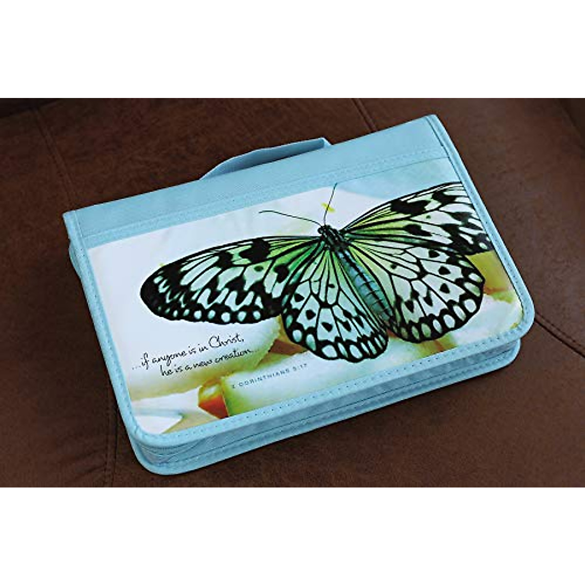 2 Corinthians 5:17 Butterfly Bible Cover for Women, Zippered, with Handle, Canvas, Aqua, Large