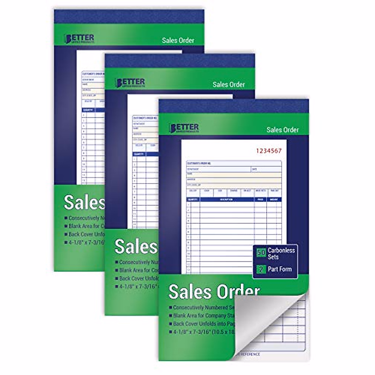 Sales Order Books, 3 Pack, 2-Part Carbonless (White/Canary Yellow), 4-1/8 x 7-3/16 inches, by Better Office Products, 50 Sets per Book, 150 Total Sets, 3 Books