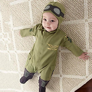stylesilove Newborn Infant Toddler Baby Boy Army Air Force Baby Jumpsuit Romper and Hat 2-pc Cotton Outfit (70/3-6 Months)