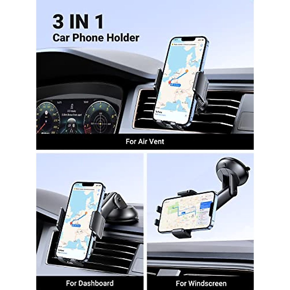 UGREEN Car Phone Holder Mount for Dashboard Windshield Air Vent 3 in 1 Universal Cell Phone Holder for Car Accessories Cradle Compatible with iPhone 14 13 12 11 Pro Max Smartphone, Strong Suction Cup