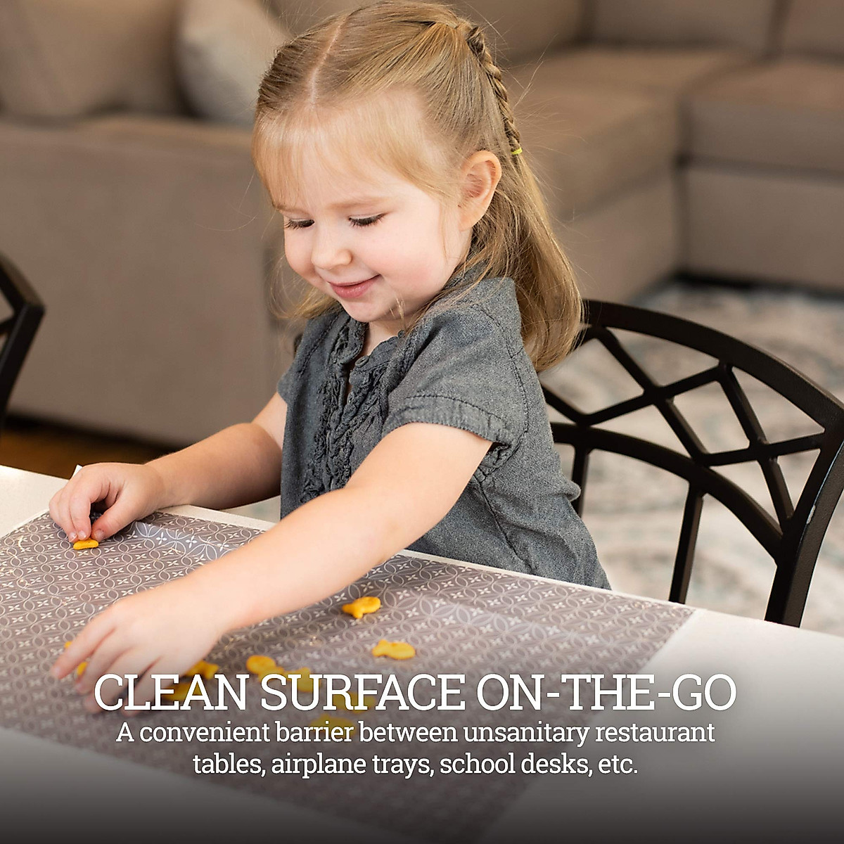 Gray and White Disposable Placemats for Baby, Toddlers, Children and Adults - Sticky Toppers for Tables - Restaurant, Travel, Airplane Tray Covers, Schools - 40 Pack