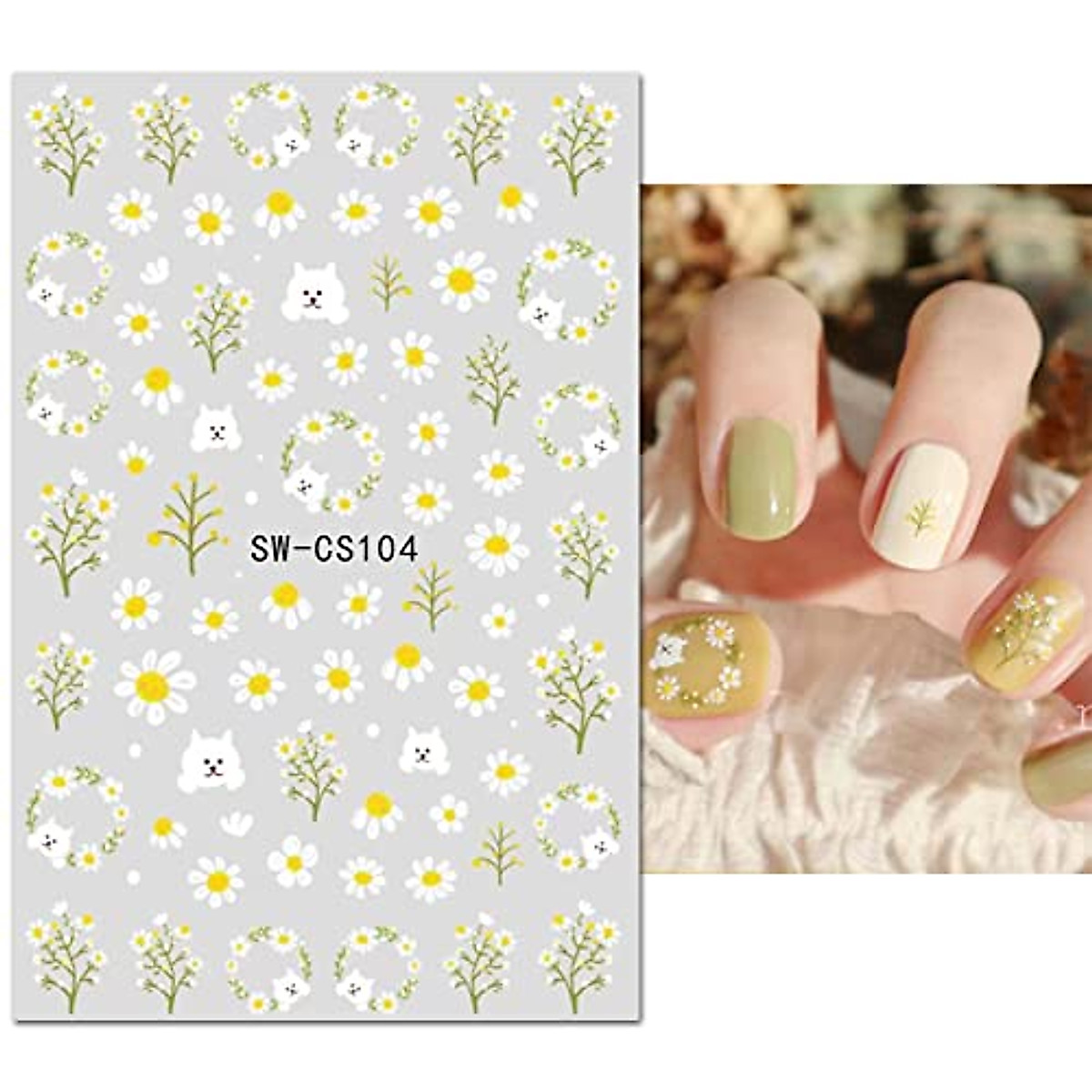 JMEOWIO 10 Sheets Spring Flower Nail Art Stickers Decals Self-Adhesive Pegatinas Uñas Summer Daisy Floral Nail Supplies Nail Art Design Decoration Accessories