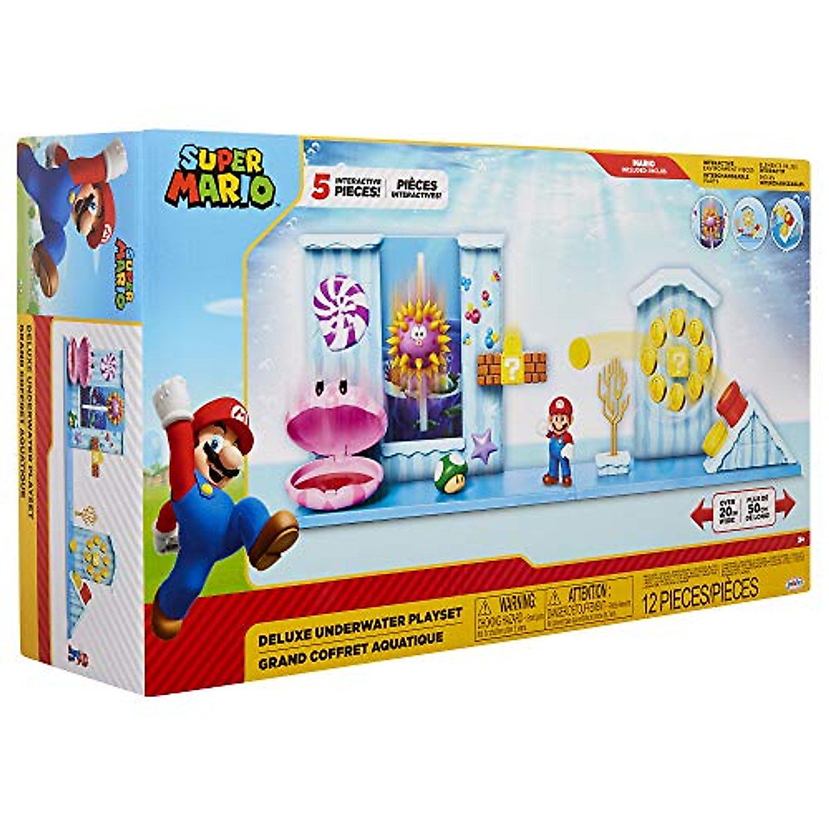 Nintendo Super Mario Deluxe Underwater Playset with 5 Interactive Environmentpiece – Includes 2.5” Mario Figure, 1-Up Mushroom Accessory & Warp Pipe Coin Launcher