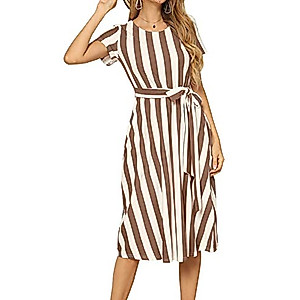 Womens Casual Short Sleeve Loose Swing Pockets Midi A Line Dress Coffee M